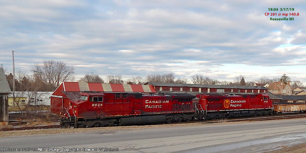 CP 281 rolls thru Reeseville just after 6 pm on St. Patty's Day
